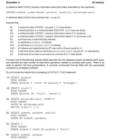 solved question 3 6 marks a relational table orders
