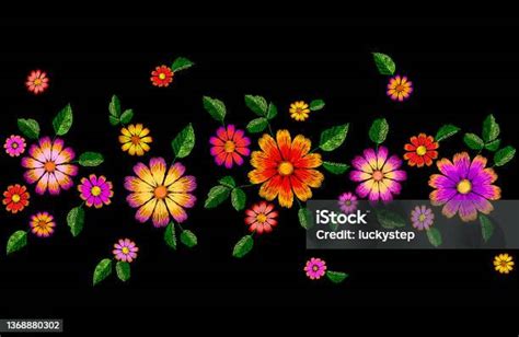 밝은 꽃 자 수 화려한 원활한 테두리입니다 패션 장식 스티치 텍스쳐 템플릿입니다 민족 전통 데이지 필드 식물 잎 섬유 인쇄 디자인 벡터 일러스트 레이 션 0명에 대한 스톡