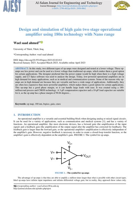 Pdf Design And Simulation Of High Gain Two Stage Operational Amplifier Using 180n Technology