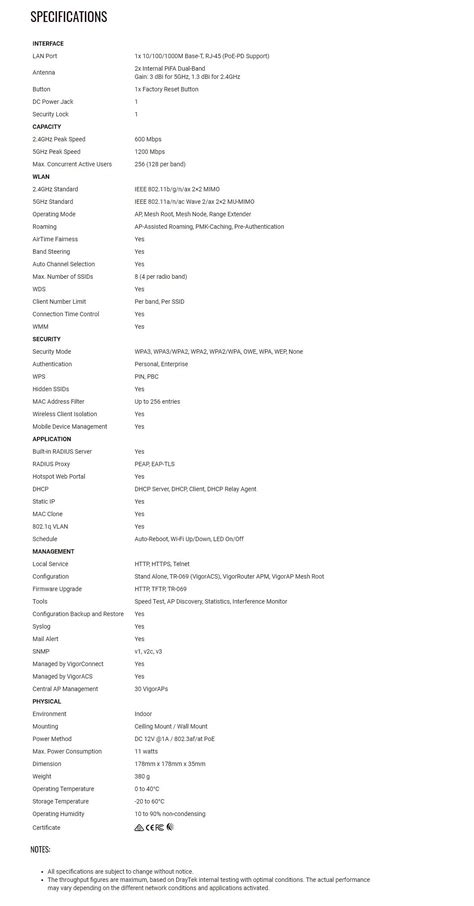 Draytek Vigor Ap 960c Ceiling Mount Wireless Access Point