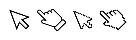 커서 공통 및 픽셀 손과 화살표 흰색 배경에 커서 아이콘설정 버튼을 클릭합니다 플랫 벡터 그림입니다 화살표 아이콘입니다 웹 디자인을 위한 커서 아이콘 세트로 설정합니다 벡터