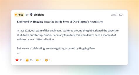 Abidlabs On Hugging Face 𝐄𝐦𝐛𝐫𝐚𝐜𝐞𝐝 𝐛𝐲 𝐇𝐮𝐠𝐠𝐢𝐧𝐠 𝐅𝐚𝐜𝐞 𝐭𝐡𝐞 𝐈𝐧𝐬𝐢𝐝𝐞 𝐒𝐭𝐨𝐫𝐲…