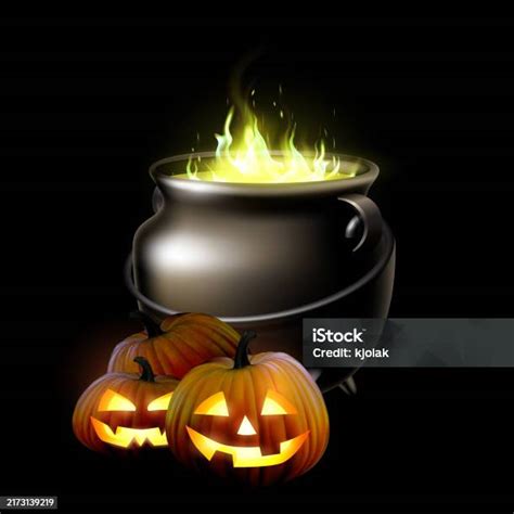 빛나는 호박과 냄비가 있는 할로윈 배경 높은 디테일의 사실적인 일러스트레이션 10월에 대한 스톡 벡터 아트 및 기타 이미지 10월 가을 건강한 식생활 Istock