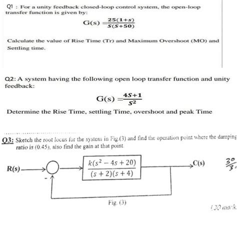 Solved Q For A Unity Feedback Closed Loop Control System Chegg Com