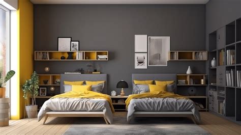 회색 벽 노란색 책장 트윈 침대와 액자 인테리어 디자인의 기숙사 방 현대적인 3d 렌더링 배경 Png  무료 다운로드 Pikbest
