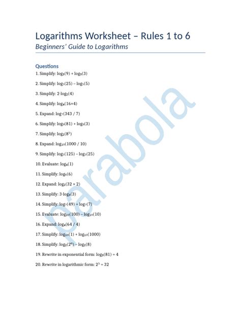 Logarithm Rules Worksheet Parabola Pdf