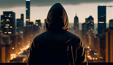 Premium Photo A Hacker In A Hooded Jacket Standing In Front Of A Cityscape Generative Ai