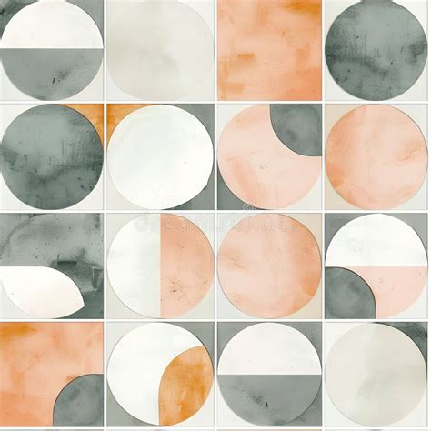 Abstract Geometric Pattern With Circles And Squares In Shades Of Grey Peach And White Stock