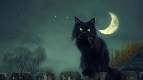 Black Cat Sitting On A Fence Under A Crescent Moon At Night Premium Ai Generated Image