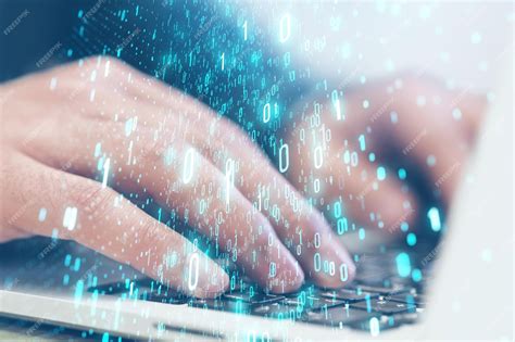 Premium Photo Close Up Of Male Hands Using Laptop With Creative Binary Coding On Blurry