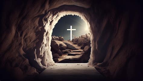 Tumba Vacía De Jesús Con Entrada Abierta Y Cruz Ai Generativa Foto