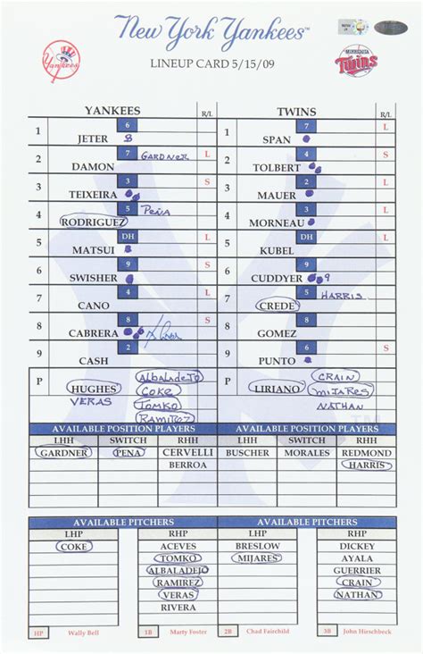Melky Cabrera Signed Yankees 11x17 Lineup Card Steiner And Mlb