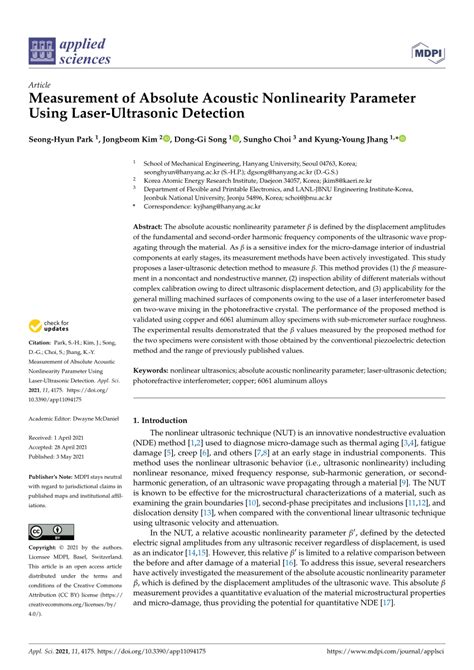 Pdf Measurement Of Absolute Acoustic Nonlinearity Parameter Using Laser Ultrasonic Detection