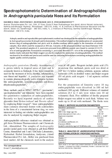 Pdf Spectrophotometric Determination Of Andrographolides In Andrographis Paniculata Nees And