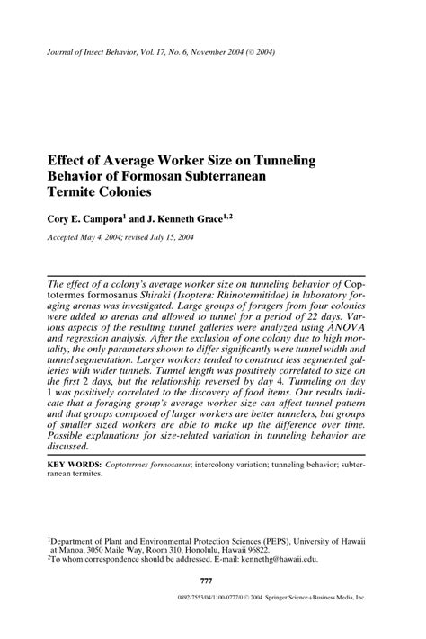 Pdf Effect Of Average Worker Size On Tunneling Behavior Of Formosan Subterranean Termite Colonies
