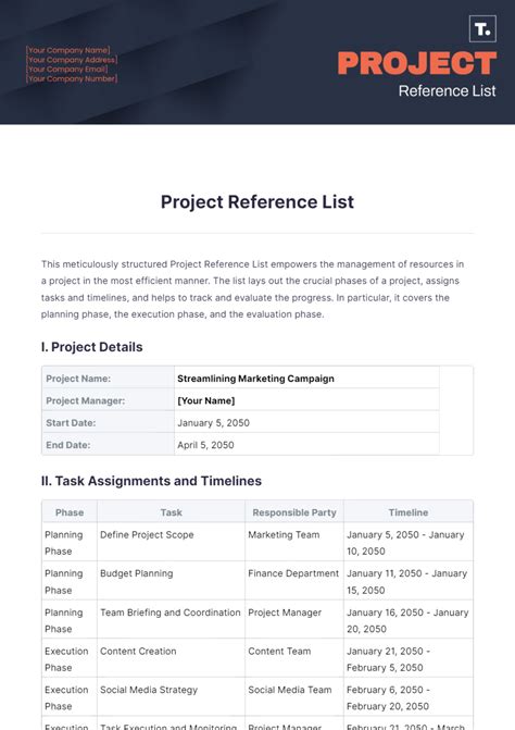 Free Project Reference List Template To Edit Online