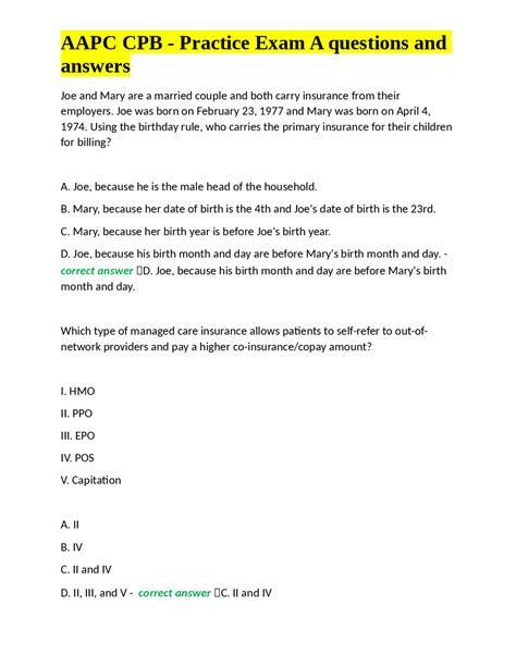 Aapc Cpb Practice Exam A Questions And Answers Exams Nursing Docsity