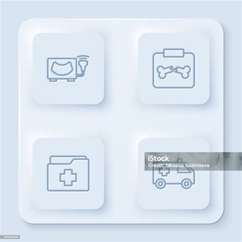 세트 라인 초음파 부러진 뼈 환자 기록 및 구급차 자동차와 X 선 샷 흰색 정사각형 버튼 벡터 X 레이에 대한 스톡 벡터 아트