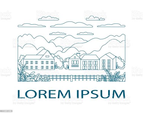 얇은 라인 개요 풍경 농촌 농장입니다 기호 디자인 마을 산 언덕 나무 하늘 구름과 태양 현대 야외 라인 아트 Stile 추상 Backround 선형 벡터 일러스트 레이 션