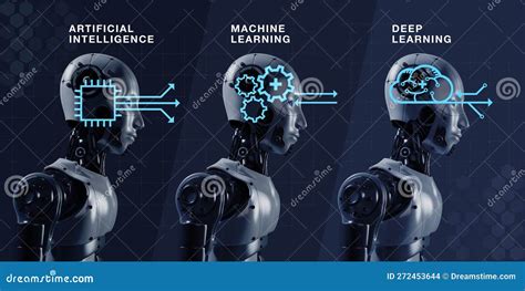 3d Rendering Of Three Ai Humanoid Robot Cyborgs On Blue Background Stock Illustration