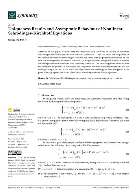 Pdf Uniqueness Results And Asymptotic Behaviour Of Nonlinear Schrödinger Kirchhoff Equations