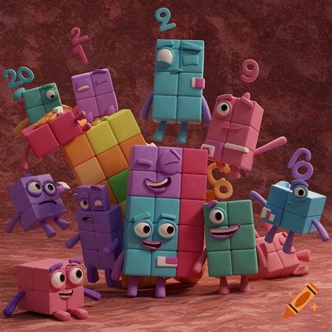 Surreal Depiction Of Colorful Block Characters Resembling Numberblocks With Numbers Floating