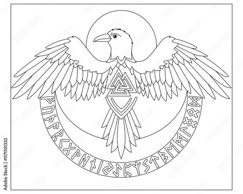 Odins Raven Elder Futhark Runes And Moons On Snowy Sky Background