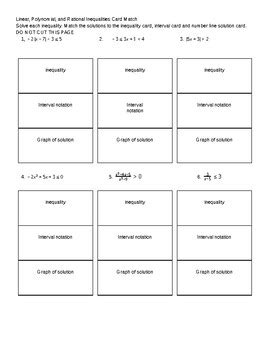 Linear Polynomial And Rational Inequalities Card Sort TpT