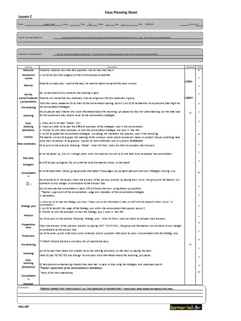 Lesson C Class Planning Sheet Colors Pdf Vocabulary Conversation