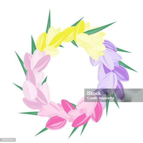 다채로운 튤립 화 환 바이올렛 핑크와 노란색 벡터 튤립 녹색 잎 화 환으로 구부려 봄 축 하 벡터 일러스트입니다 부활절 화 환입니다 3월에 대한 스톡 벡터 아트 및 기타