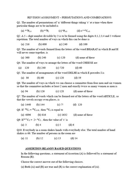 Revision Assignment Permutations And Combinations Pdf