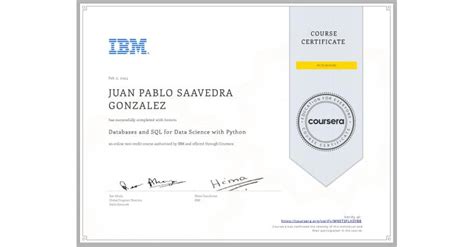Completion Certificate For Databases And Sql For Data Science With Python Juan Pablo Saavedra