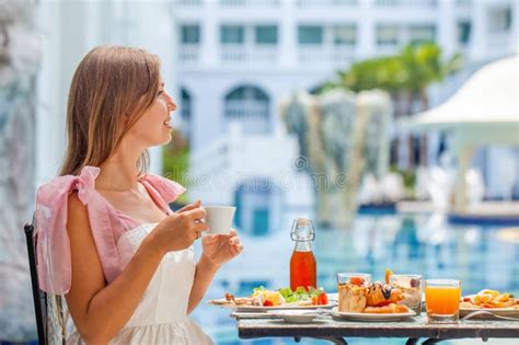 Woman In Elegant Dress Enjoy Delicious Breakfast Travel Vacation