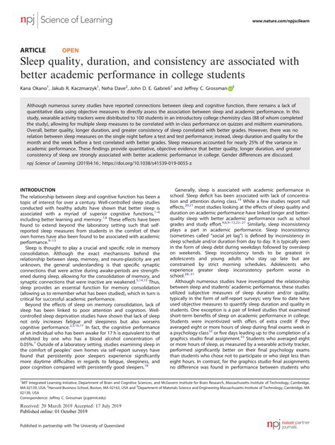 Pdf Sleep Quality Duration And Consistency Are Associated With Better Academic Performance