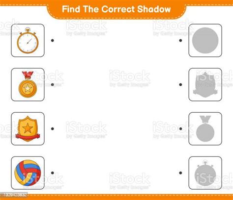 올바른 그림자를 찾습니다 스톱워치 트로피 배구의 올바른 그림자를 찾아 매치하세요 교육 어린이 게임 인쇄 워크 시트 벡터 일러스트레이션 0명에 대한 스톡 벡터 아트 및 기타