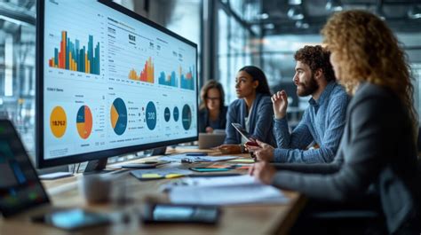 Team Analyzing Data On A Large Screen In A Modern Office Premium Ai