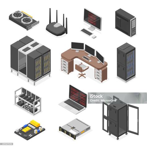 아이소메트릭 데이터 센터 요소 디지털 기술 컴퓨터 및 모니터 서버 장비 라우터 및 구성 요소 클라우드 서비스 완벽한 벡터 세트 선반 제작물에 대한 스톡 벡터 아트 및 기타