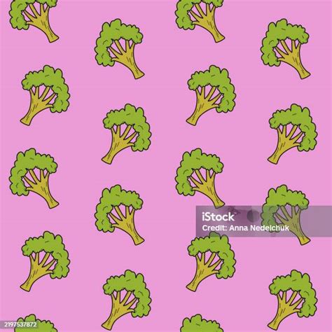 분홍색 배경에 브로콜리가 있는 패턴입니다 건강한 식사 채식주의 농업 수확 야채에 대한 벡터 패턴입니다 브로콜리를 사용한 어린이의 밝은 패턴 0명에 대한 스톡 벡터 아트 및
