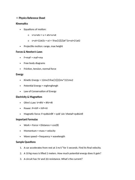 Physics Reference Sheet Pdf