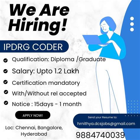 hi connections 🚨 we re hiring ipdrg coders 💼 salary up to ₹1 2