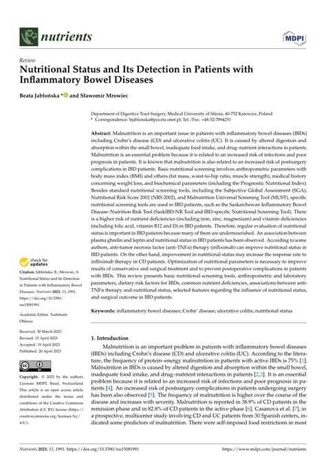 Pdf Nutritional Status And Its Detection In Patients With Inflammatory Bowel Diseases