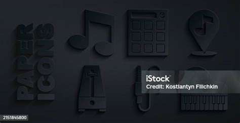 오디오 잭 위치 음표 진자가 있는 메트로놈 그랜드 피아노 드럼 머신 및 음악 톤 아이콘을 설정합니다 벡터 0명에 대한 스톡 벡터