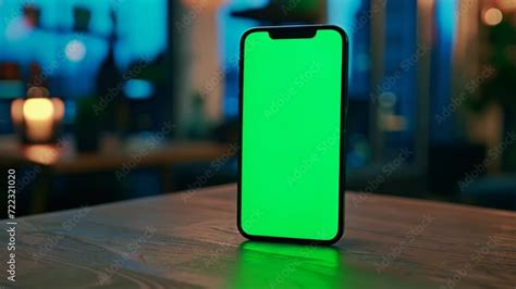 Cell Phone With Green Screen Mock Up Lying On Table Mobile Smartphone