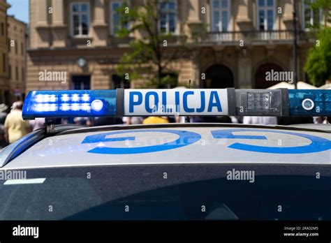 Polish police car lightbar emergency lights. Blue lighting flasher ...
