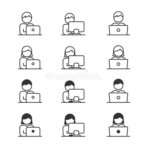 Man With Computer Icon Collection In Linear Style Stock Vector Illustration Of Businessman