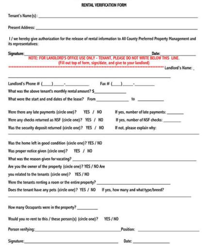 Free Verification Of Rent Landlord Forms Word Pdf