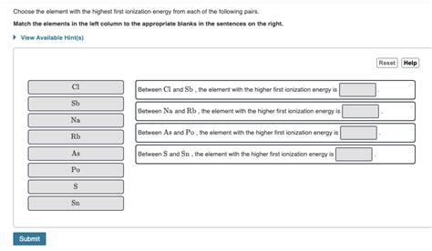 Solved Choose The Element With The Highest First Ionization