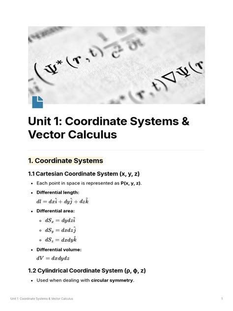 Unit 1 Coordinate Systems Vector Calculus Pdf Euclidean Vector