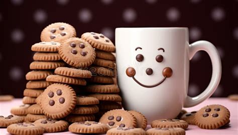 Homemade Chocolate Chip Cookie Stack On Wood Table Coffee Break