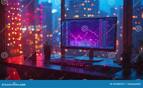 A Computer Monitor Sitting On Top Of A Wooden Desk Stock Image Image Of Graphs Window 334588701